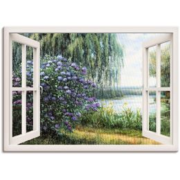Artland Leinwandbild &raquo;Hortensien am See&laquo; Fensterblick 1 Stk. tlg. auf Holzrahmen gespannt gr&uuml;n Leinwand B/H/T: 100cm x 70cm, Leinwandbild Fensterblick 