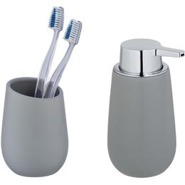 Wenko Badaccessoire-Set &raquo;Badi&laquo; Seifenspender und Zahnputzbecher aus hochwertiger Keramik grau Keramik matt