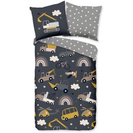 Good Morning Kinderbettw&auml;sche &raquo;Rush&laquo; 2 Stk. Baumwolle, Rei&szlig;verschluss, Wendeoptik, Kind, Junge, Fahrzeuge, Grau grau Renforc&eacute;, Obermaterial: 100% 