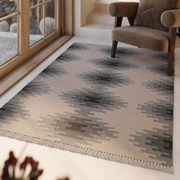 Wollteppich &raquo;Belle&laquo; rechteckig 5 mm H&ouml;he Fransen, Kelim, handgewebt, Natur, Wohnzimmer, Schlafzimmer, Raute beige Wolle B : 140cm 1 Stk., 5mm, L: 
