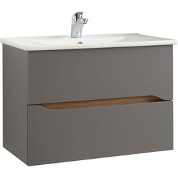 Waschtisch &raquo;Quickset Keramikwaschtisch mit Unterschrank, 75 cm breit&laquo; Waschplatz, Unterschrank mit Waschbecken, 2 Schubladen, grifflos grau 