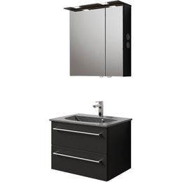 Badm&ouml;bel-Set &raquo;Serie 6025 2-teilig Mineralmarmor-Waschtisch mit LED-Spiegelschrank&laquo; 2 Stk. tlg. schwarz Holzwerkstoff B/H/T: 67cmcm x 200cmcm x 48cmcm,