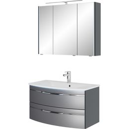 Badm&ouml;bel-Set &raquo;Serie 7045 2-teilig Mineralmarmor-Waschtisch mit LED-Spiegelschrank&laquo; Set, 2 Stk. tlg. grau Holzwerkstoff B/H/T: 93,2cmcm x 200cmcm x 