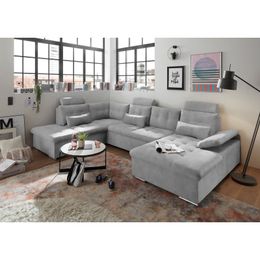 ED EXCITING DESIGN Wohnlandschaft &raquo;Jakarta U-Form mit Bettfunktion, Bettkasten&laquo; Armteilverstellung, Kopfst&uuml;tzen & 3 Nierenkissen grau 92% Polyester, 8