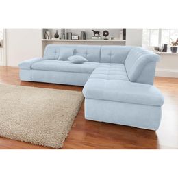 DOMO collection Ecksofa &raquo;NMORIC inkl. Zierkissen 273x216x80 cm L-Form&laquo; Ottomanen-Abschluss, wahlweise mit Bettfunktion und Armlehnverstellung blau 