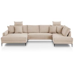 Trends by HG Wohnlandschaft &raquo;Summer&laquo; U-Form, B: 360cm in Cord & Struktur beige B/H/T: 360cm x 86cm x 195,5cm, Cord, Ottomane rechts Recamiere links,