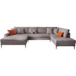 Trends by HG Wohnlandschaft &raquo;Summer&laquo; U-Form, B: 360cm in Cord & Struktur grau B/H/T: 360cm x 86cm x 195,5cm, Cord, Ottomane rechts Recamiere links, 