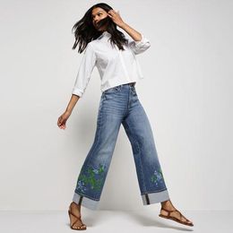 LANDS' END Soft Denim Bestickte Jeans mit weitem Bein in Petite-Gr&ouml;&szlig;e, Damen, size: petite, Blau, Elasthan/Baumwoll-Mischung, by Lands' End