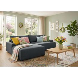 Trendmanufaktur Ecksofa &raquo;Prag, Schlafsofa mit Bettkasten, Couch in L-Form, Breite 253 cm&laquo; in feinem Strukturstoff, anthrazit, Recamiere links grau 95%