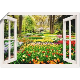 Artland Wandbild &raquo;Fensterblick Tulpen Garten Fr&uuml;hling&laquo; Fensterblick 1 Stk. tlg. als Leinwandbild, Poster in verschied. Gr&ouml;&szlig;en bunt B/H/T: 130cm x 90cm, Poster