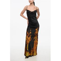 Balmain Langes Satinkleid mit Flammendruck in Arancio, Nero