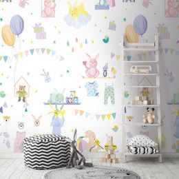 Livingwalls living walls Fototapete &raquo;Bunte Kinderzimmertapete mit Spielzeug&laquo; gemustert matt neutral glatt Fototapete Babyzimmer Luftballons Kuscheltiere Tierchen 