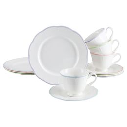 Creatable Kaffeeservice &raquo;Florine Bunt, Service 12-tlg.&laquo; Elegant, Klassische Form, Zart gewellte R&auml;nder wei&szlig; Steingut 12