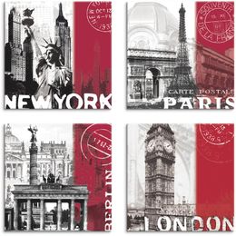 Artland Leinwandbild &raquo;New York Paris Berlin London_bordeauxrot&laquo; Geb&auml;ude 4 Stk. tlg. 4er Set, verschiedene Gr&ouml;&szlig;en rot Leinwand, MDF B/H/T: 30cm x 30cm, 