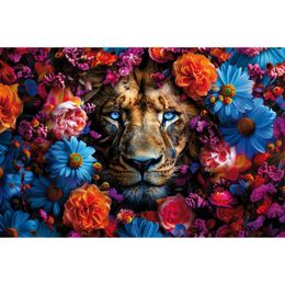 Leinwandbild &raquo;Wandbild L&Ouml;WE BLUMENKRANZ 60x90 cm &ndash; Leinwandbild Keilrahmen Deko&laquo; Blumen Blumenbilder Kunst L&ouml;we L&ouml;wen Pflanzen Pflanzenbilder 