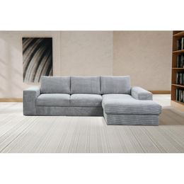 WERK2 Ecksofa &raquo;Rozzana Design Ecksofa mit hohem Komfort, zeitlos & elegant, L-Form,&laquo; in kuschelweichen Trendstoffen Cord, Breitcord und Pl&uuml;sch grau 90