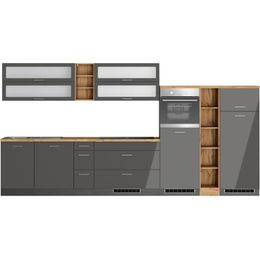 KOCHSTATION K&uuml;chenzeile &raquo;KS-Milan, optional mit Muldenl&uuml;fter&laquo; Breite 390 cm, wahlweise mit E-Ger&auml;ten, Kochfeld mit Dunstabzug grau B/H/T: 390cm x 