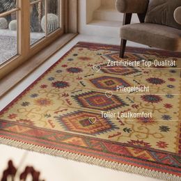 Wollteppich &raquo;Valere&laquo; rechteckig 5 mm H&ouml;he Fransen, Kelim, handgewebt, Natur, Wohnzimmer, Schlafzimmer, Ethno beige Wolle B : 80cm 1 Stk., 5mm, L: 