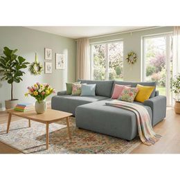 Trendmanufaktur Ecksofa &raquo;Prag, Schlafsofa mit Bettkasten, Couch in L-Form, Breite 253 cm&laquo; in feinem Strukturstoff, grau, Recamiere rechts grau 95%