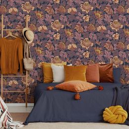 Sublime Vliestapete &raquo;FLOWER BURGUNDY&laquo; gebl&uuml;mt gepr&auml;gt Design Tapeten lila Vlies B/L: 0,52m x 10m, Rollen: 1