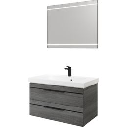 Badm&ouml;bel-Set &raquo;Balto 2-teilig Mineralmarmor-Waschtisch mit LED-Spiegel, Waschplatz&laquo; 2 Stk. tlg. grau Holzwerkstoff B/H/T: 92cmcm x 200cmcm x 50,8cmcm, 