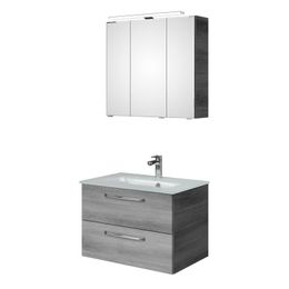 Badm&ouml;bel-Set &raquo;Trentino 2-teilig Glas-Waschtisch, Spiegelschrank mit LED-Leuchte&laquo; 3 Stk. tlg. grau Einheitsgr&ouml;&szlig;e