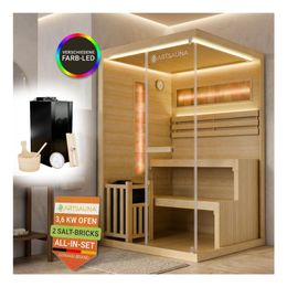 Artsauna&reg; Traditionelle Sauna Vantaa natur - moderne Indoorsauna f&uuml;r 2 Personen, Hemlock Holz, Sicherheitsglas, RGB LED Beleuchtung mit Fernbedienung, Saunaofen 3,5 kW