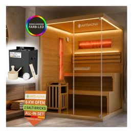 Artsauna&reg; Traditionelle Sauna Vantaa natur - moderne Indoorsauna f&uuml;r 3 Personen, Hemlock Holz, Sicherheitsglas, RGB LED Beleuchtung mit Fernbedienung, Saunaofen 6 kW