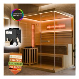 Artsauna&reg; Traditionelle Sauna Vantaa natur - moderne Indoorsauna f&uuml;r 4 Personen, Hemlock Holz, Sicherheitsglas, RGB LED Beleuchtung mit Fernbedienung, Saunaofen 8 kW