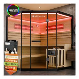 Artsauna&reg; Traditionelle Sauna Vantaa schwarz - moderne Indoorsauna f&uuml;r 4 Personen, Hemlock Holz, Sicherheitsglas, RGB LED Beleuchtung mit Fernbedienung, Saunaofen 8 kW