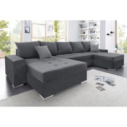 Collection AB Wohnlandschaft &raquo;Josy XXL U-Form, B: 333 cm, mit 2 Recamieren 77 & 97 cm&laquo; Schlaffunktion, Bettkasten & 2 Zierkissen, Federkern grau 100% 