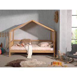 Vipack Hausbett Made in Europe, aus massiver Eiche ge&ouml;lt, LF90x200 cm, mit Textilhimmel braun Textilhimmel 100% Baumwolle Liegefl&auml;che L&auml;nge B: 200cm x 90cm, 
