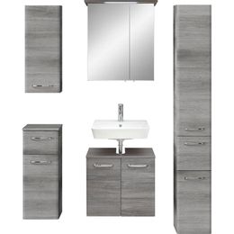 Badm&ouml;bel-Set &raquo;Quickset 328 5-teilig, Waschbeckenunterschrank mit LED-Spiegelschrank&laquo; 5 Stk. tlg. grau Holzwerkstoff Einheitsgr&ouml;&szlig;e
