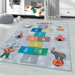 Ayyildiz Teppiche Kinderteppich &raquo;PLAY 2909&laquo; rechteckig 6 mm H&ouml;he Kurzflor, Zirkus, Clown, Zahlen Spiele H&uuml;pf Teppich, Kinderzimmer grau Polyamid B : 120cm 1 Stk., 6mm, 