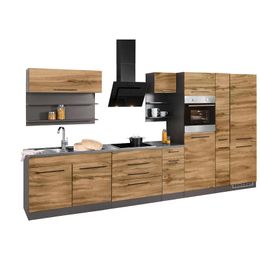 KOCHSTATION K&uuml;chenzeile &raquo;KS-Tulsa&laquo; mit E-Ger&auml;ten, Breite 380 cm, schwarze Metallgriffe, MDF Fronten braun B/H/T: 380cm x 60cm