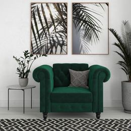 Chesterfield-Sessel &raquo;Felix&laquo; mit R&uuml;ckenlehne 3-fach verstellbar, Beine Massivholz, Sitzh&ouml;he 46 cm gr&uuml;n Veloursstoff 100% Polyester Veloursstoff, B/H/T: