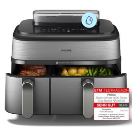 Philips Hei&szlig;luftfritteuse &raquo;NA555/00 Steam Airfryer 5000 Series Dual Basket, 9L Kapazit&auml;t (3L+6L)&laquo; 2750 W mit Dampfgar-Funktion; Silber/Edelstahl silber 