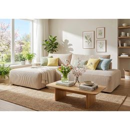 Trendmanufaktur Ecksofa &raquo;Prag, Schlafsofa mit Bettkasten, Couch in L-Form, Breite 253 cm&laquo; in Cordstoff HYPER, cream, Recamiere links beige 92%