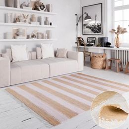 OTTO home Teppich &raquo;Benja&laquo; rechteckig 10 mm H&ouml;he Handweb Teppich, gestreift, 90% Baumwolle, handgewebt, mit Fransen beige Baumwolle, Polyester B : 
