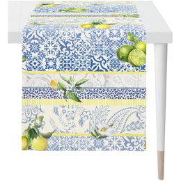 Apelt Tischdecke &raquo;7005&laquo; Paisley-Motive und Kachelmotive mit Citrusfr&uuml;chten bunt Obermaterial: 75% Baumwolle, 25% Polyester B/L: 48cm x 140cm, 1 Stk.