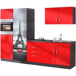 KOCHSTATION K&uuml;chenzeile &raquo;KS-Paris &ndash; K&uuml;chen mit einzigartigen Fotomotiven auf den Fronten&laquo; Breite 280 cm, wahlweise mit E-Ger&auml;ten und Induktion rot B/H
