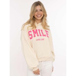 Zwillingsherz Damen Hoodie &raquo;"Smile"&laquo;, Kapuze, lange &Auml;rmel, elastische B&uuml;ndchen, gro&szlig;er Neon-Print beige Einheitsgr&ouml;&szlig;e