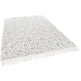 Theko Wollteppich &raquo;Visby - 702&laquo; rechteckig 10 mm H&ouml;he Handweb Teppich, reine Wolle, handgewebt, Rauten Design, mit Fransen wei&szlig; Schurwolle B : 190cm 1