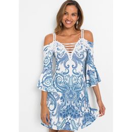 bonprix Damen bonprix Off-Shoulder-Kleid f&uuml;r Partys, Off-Shoulder-Design, Halbarm, ausgestellte Passform blau 36/38 (S), N-Gr
