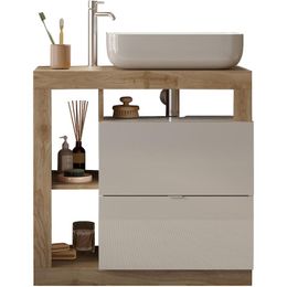 Welltime Waschtisch &raquo;Hamburg&laquo; 2 Schubk&auml;sten, Breite 79 cm, Soft-Close, inkl. Keramik-Aufsatzbecken braun Korpus Schubkastenelement: Weiss Melamin,