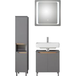 Badm&ouml;bel-Set &raquo;Quickset 3-teilig, Waschbeckenunterschrank mit LED-Spiegel&laquo; 3 Stk. tlg. grau Einheitsgr&ouml;&szlig;e