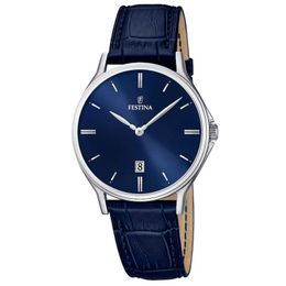 Festina Herren Quarzuhr Armbanduhr, Herrenuhr, Damenuhr, Lederarmband, Datum blau Einheitsgr&ouml;&szlig;e