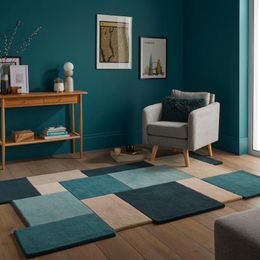 FLAIR RUGS Wollteppich &raquo;Abstract Collage, 100% Wolle&laquo; rechteckig 11 mm H&ouml;he Karo Design, Patchwork, modern, mehrfarbig, Wohnzimmer, Schlafzimmer blau 