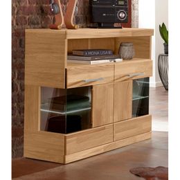 OTTO home Kommode &raquo;Ribe 85cm breit,35 cm tief, Fronten Massivholz,2 T&uuml;ren mit Glaseinsatz&laquo; Holz massiv, Holzwerkstoff,3 breite F&auml;cher braun Holz 