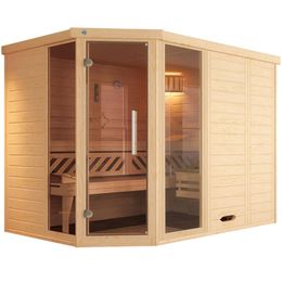 Weka Sauna &raquo;Design-Sauna KEMI Eck 2&laquo; Blockbohlen, vorgef. Elemente, Fensterelement, mod. Ganzglast&uuml;r beige Bio-Ofen, externe Steuerung, 9 kW